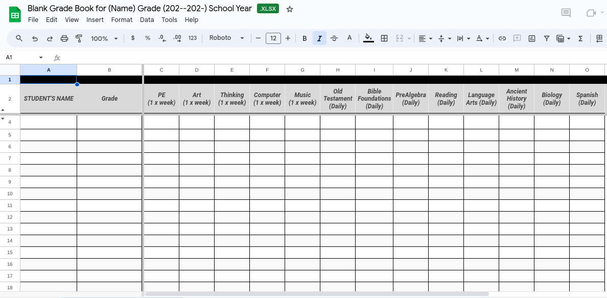 School/Homeschool Digital Yearly Grade Book - Tide Wind Academy Homeschool